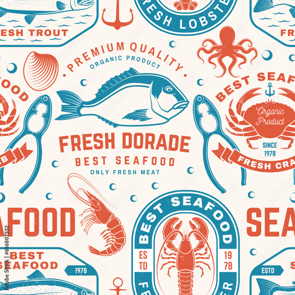 Set of seafood seamless pattern. Fresh tuna, octopus, trout, shrimp ...