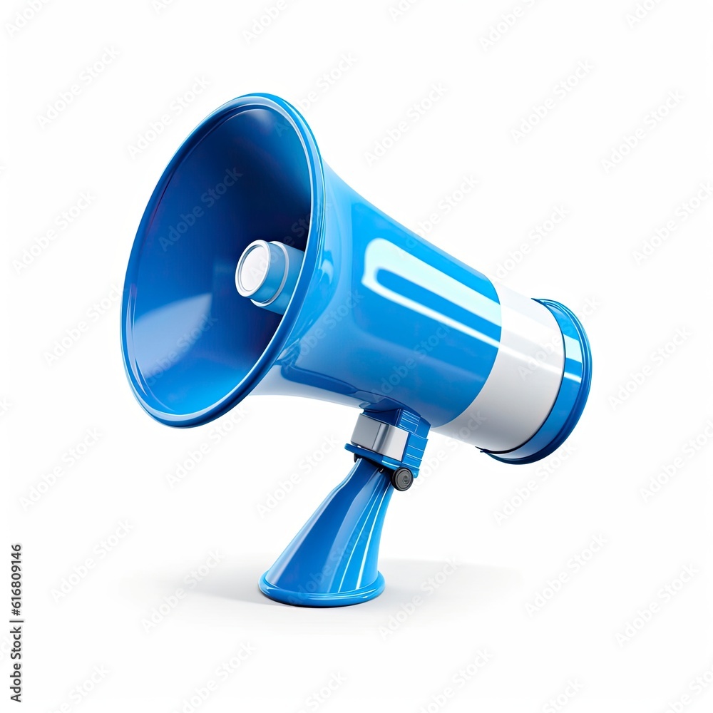 Blue and white megaphone on a white background created with generative ...