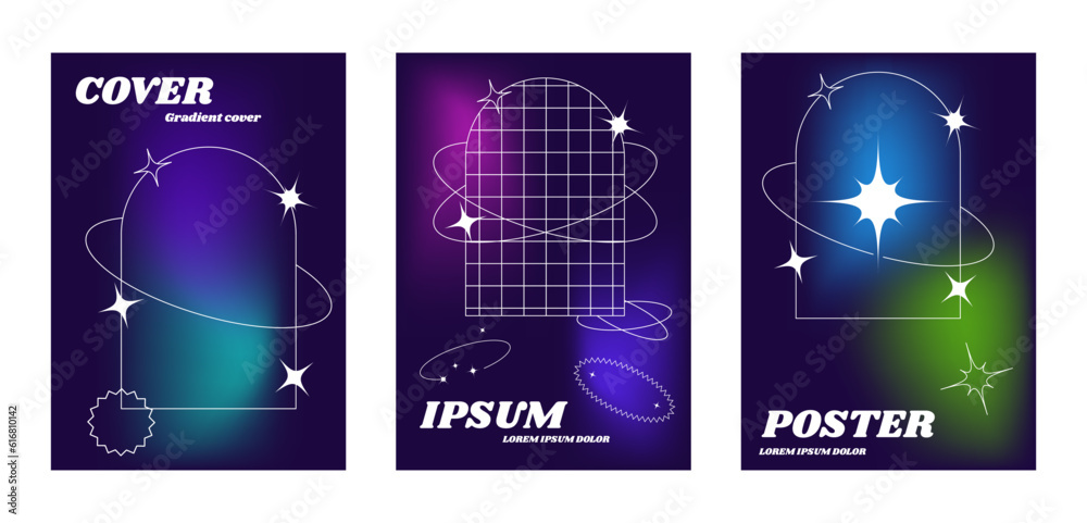 Blurred gradient background with geometric shapes. Y2K poster set with ...