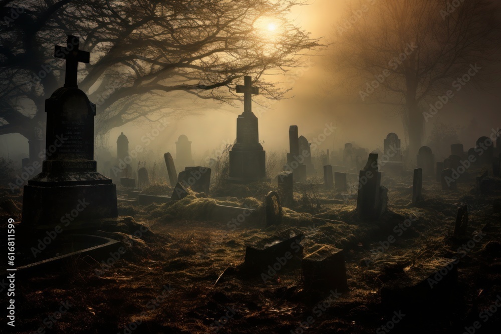 Ethereal scene: Mystic fog envelops ancient gravestones and crypts in ...