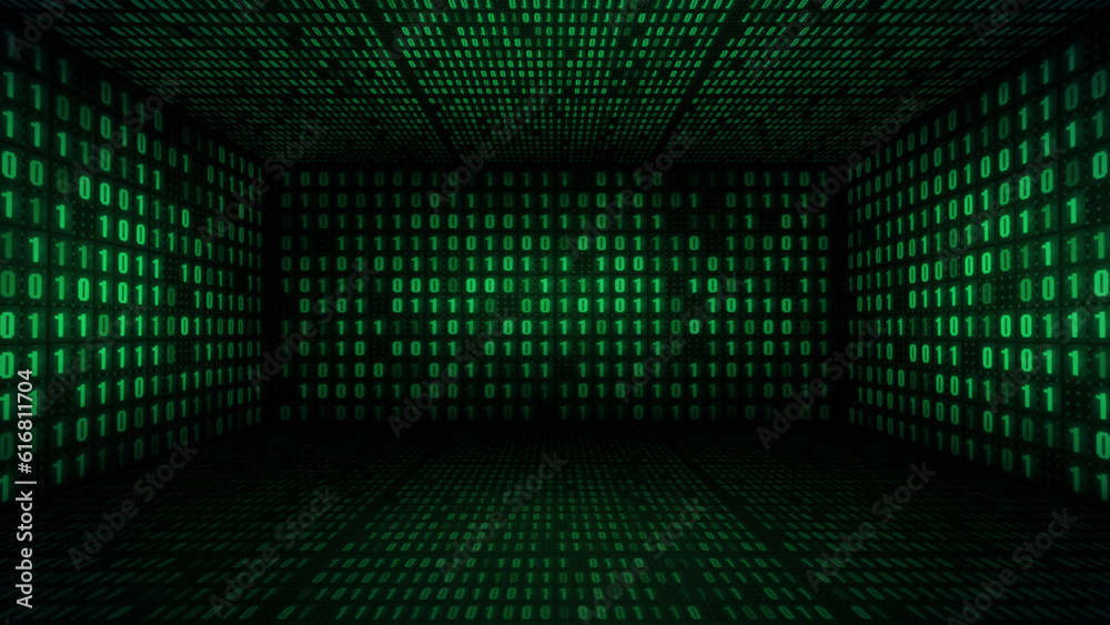 Binary code virtual studio background. 3D graphics rendering backdrop ...
