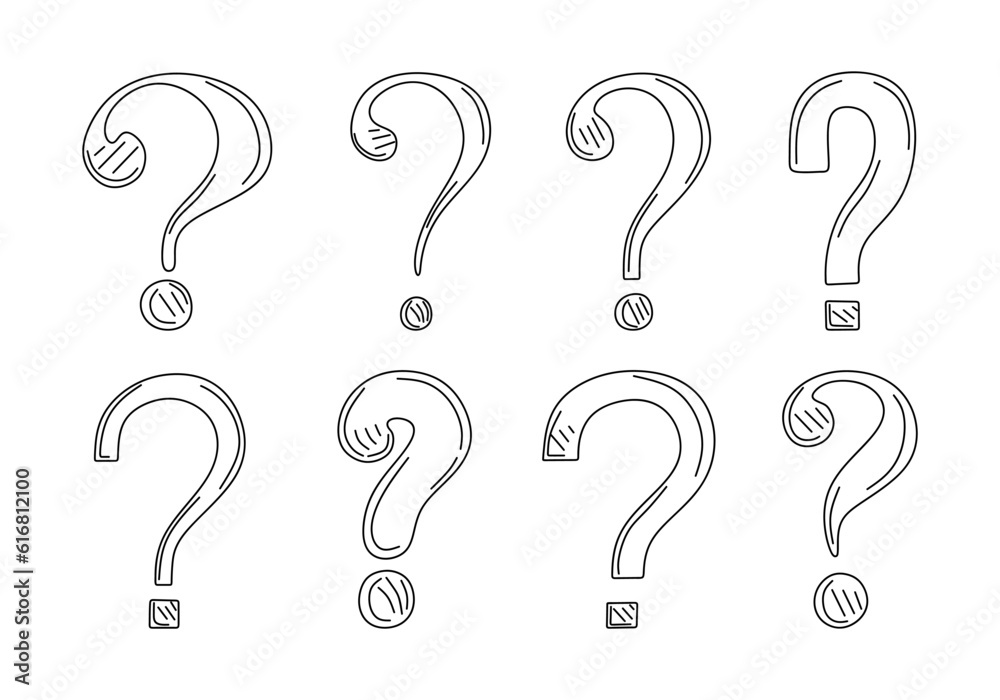 Hand drawn set of doodle question marks. Sketch interrogation signs ...