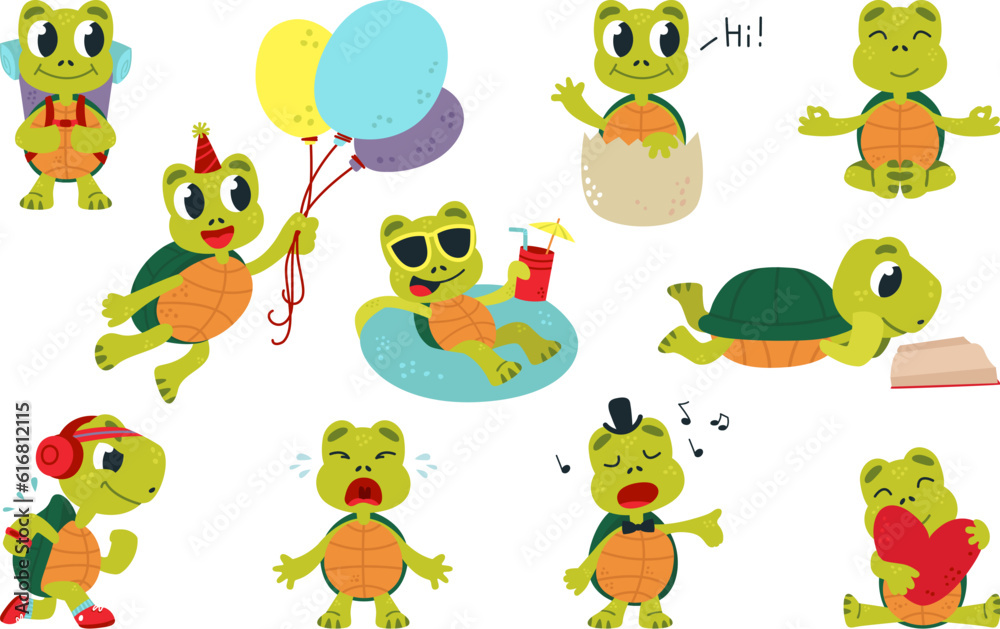 Cartoon cute turtles characters. Turtle funny swimming and move ...