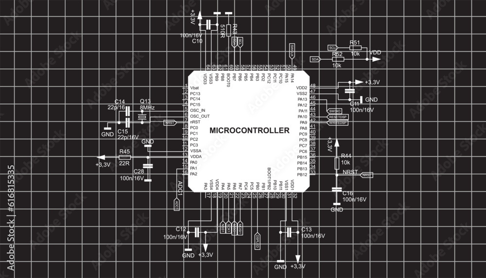 Connection of microcontroller lines to electronic components (capacitors, resistors, quartz ...