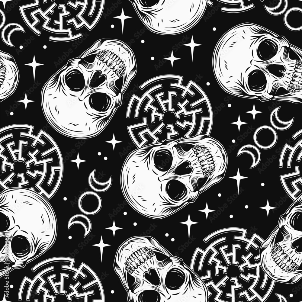 Vintage wiccan pattern with human skull like cup, labyrinth, stars ...
