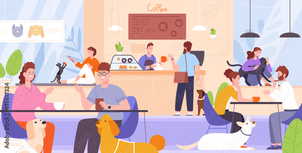 Pet friendly cafe. People friends pets owners eating lunch drinking in ...