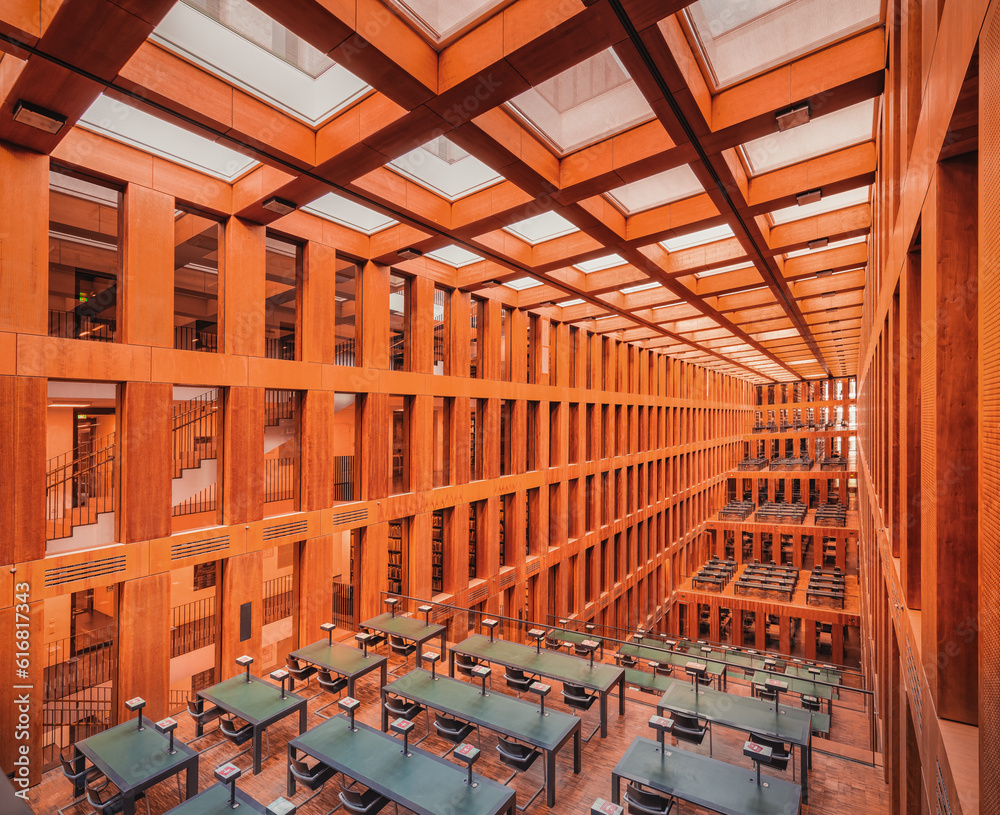Berlin, Germany: modern cubical interior of the Jacob and Wilhelm Grimm ...