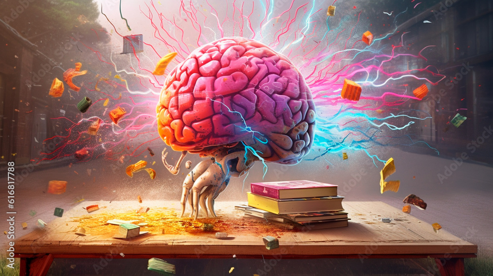 Concept art of a human brain exploding with knowledge and creativity ...