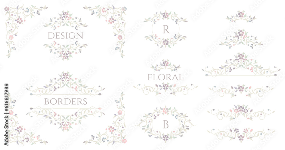 Floral monograms and borders, frames for cards, invitations, menus ...