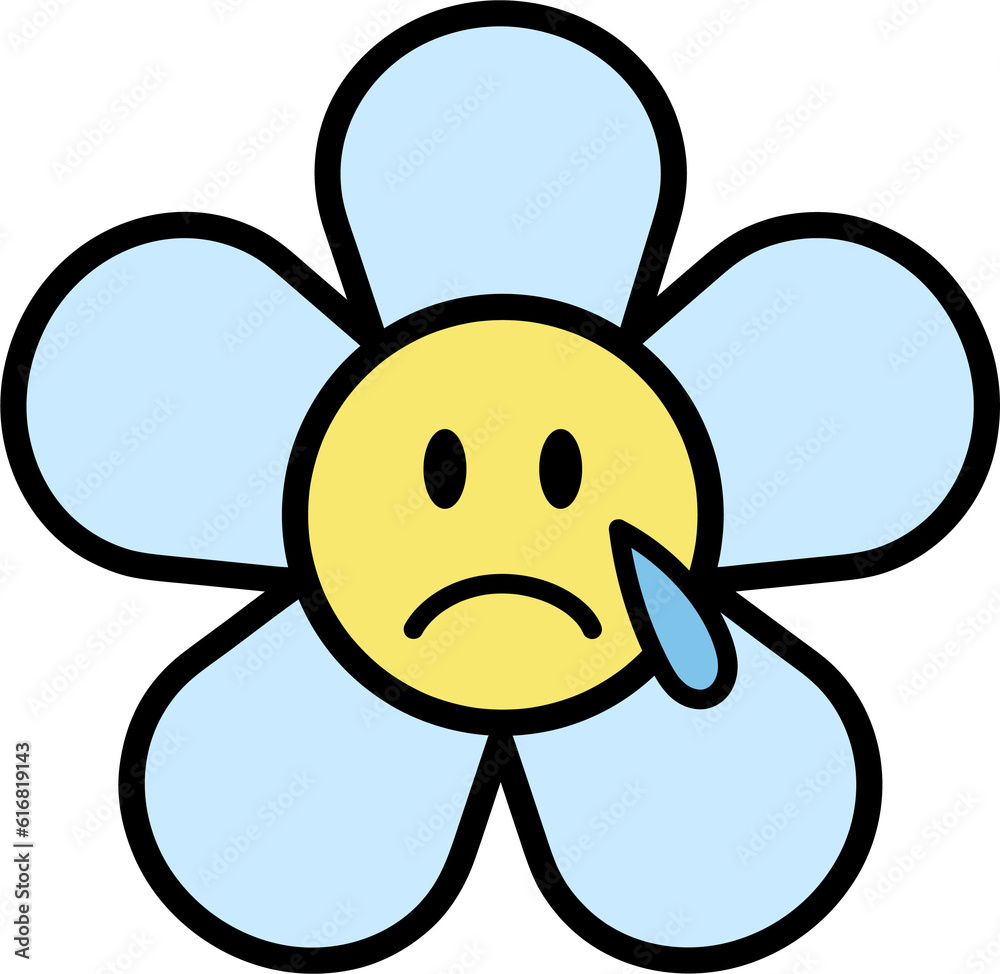 crying daisy flower emoji sticker, cartoon flower with tears, black ...