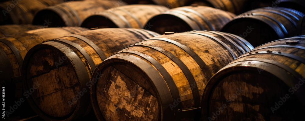 Whiskey, bourbon, scotch barrels in an aging facility. Hand edited ...
