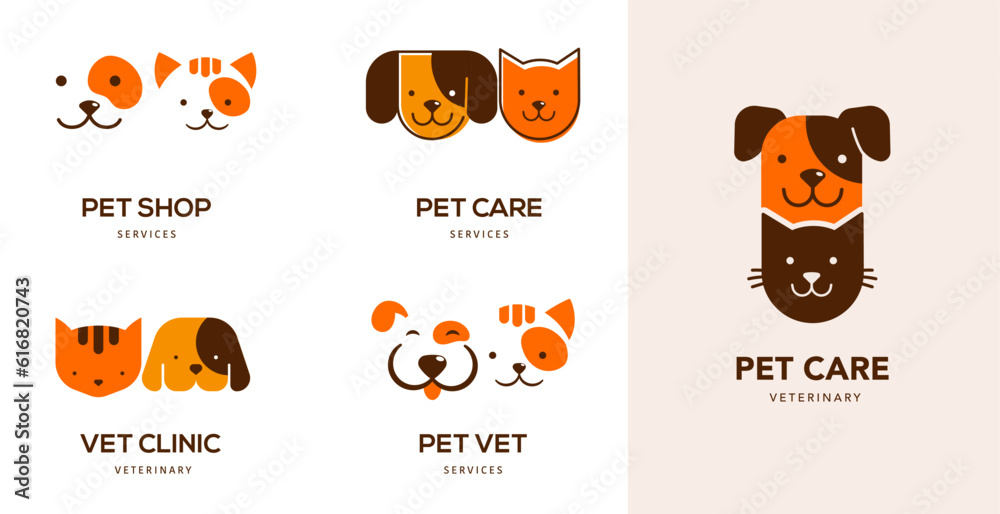 Vetor de Modern style pets logos, icons. Dog, cat illustrations and ...