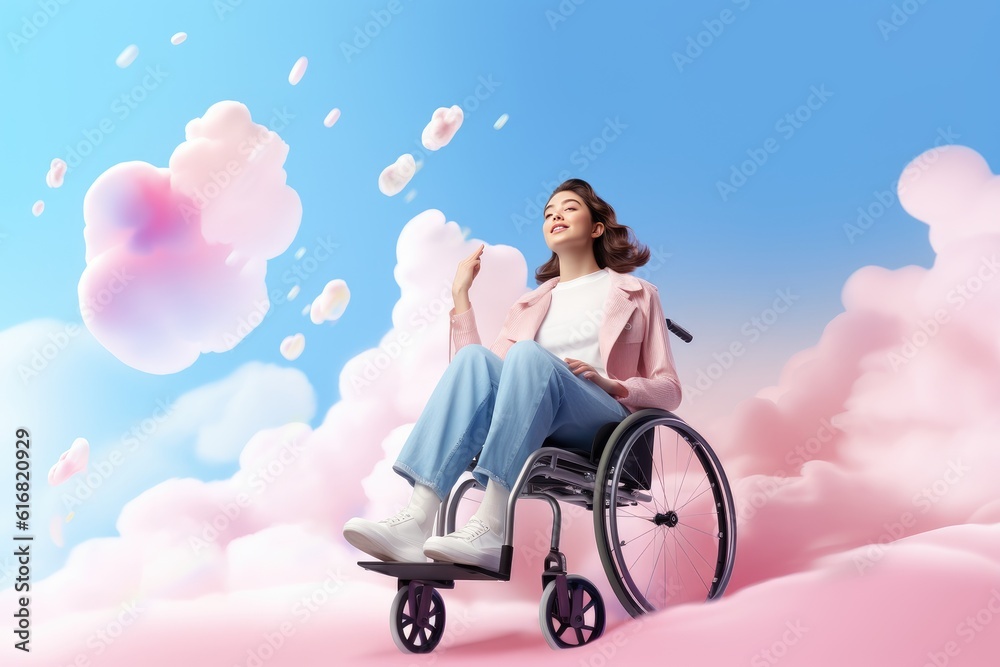 Happy disabled woman in a wheelchair on the background of blue sky and ...