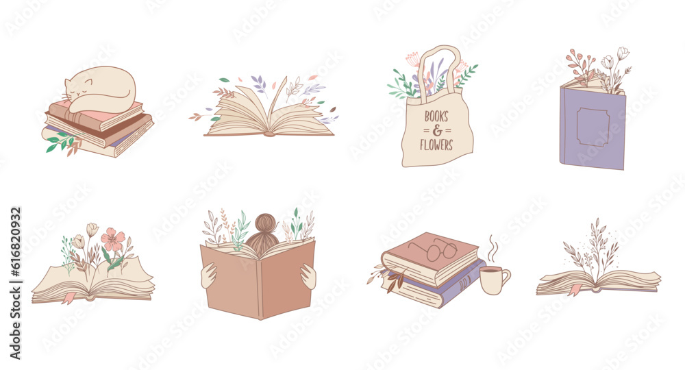 Hand drawn pastel colors books illustrations, prints, logos. Vector art ...
