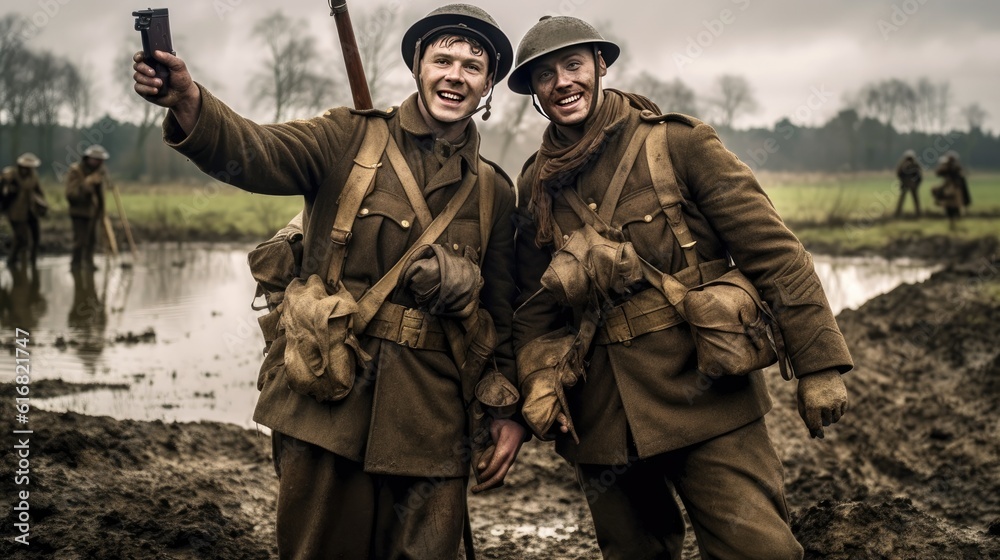 Two soldiers from the vintage military World War II. Smiling men selfie ...