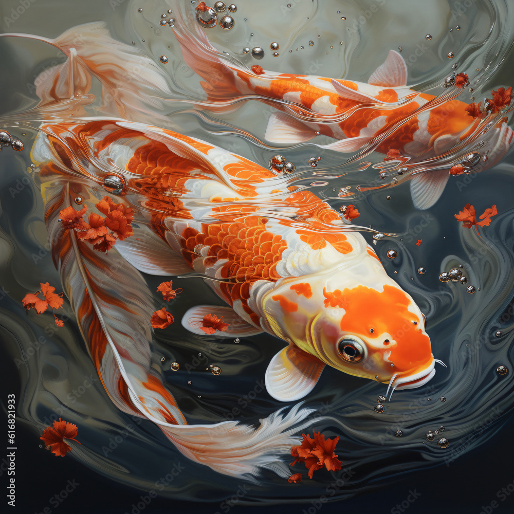 hyper realistic, surreal proportions of huge koi fish floating and ...