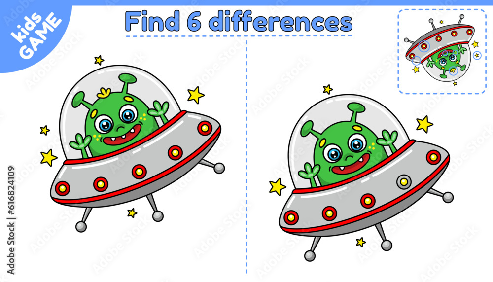 Find 6 differences game for children. Cartoon cute alien in flying ...