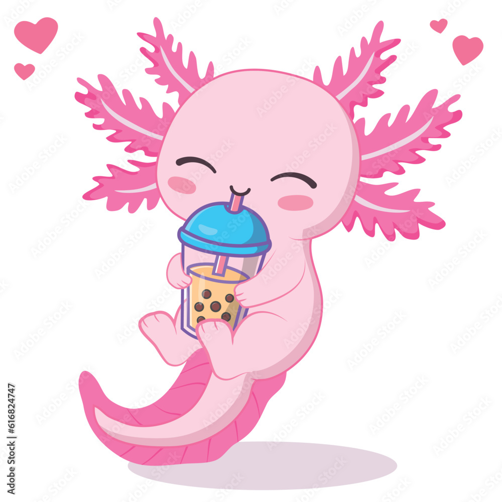 Kawaii axolotl drinking boba milk tea cartoon vector illustration Stock ...
