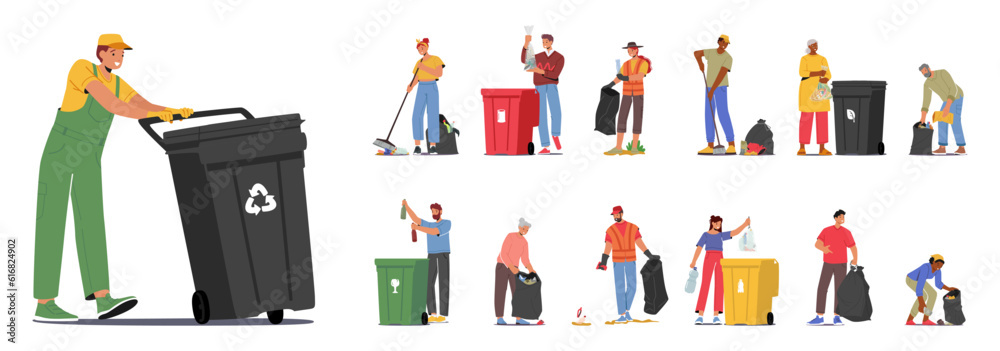 Garbage Collection Set. Characters Gathering And Disposing Of Waste ...