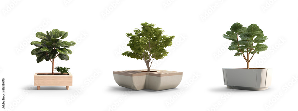 collection Set of different styles of outdoor seats and tree pot in ...
