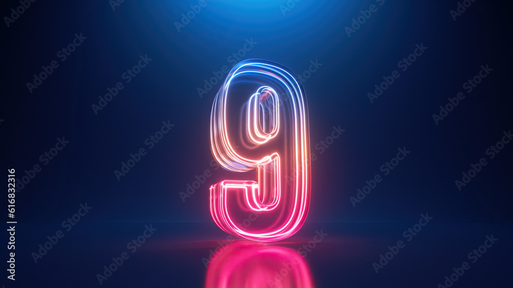 3d rendering. Neon number nine. Glowing colorful line inside the glass ...