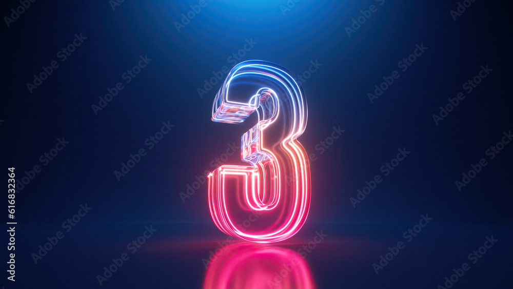 3d rendering. Neon number three. Glowing colorful line inside the glass ...