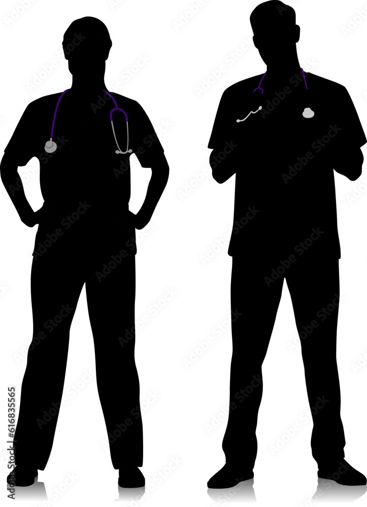 Silhouettes of healthcare workers. Happy smiling doctors with a ...
