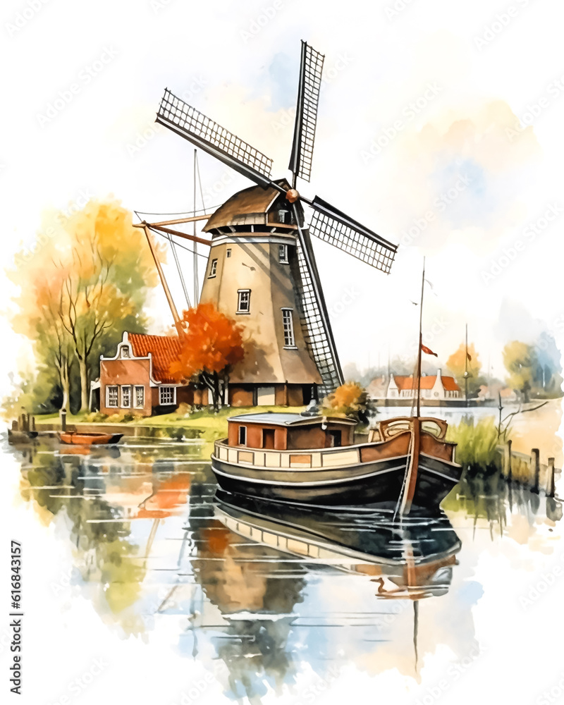 Water color illustration of vintage Dutch windmill and boat, AI ...