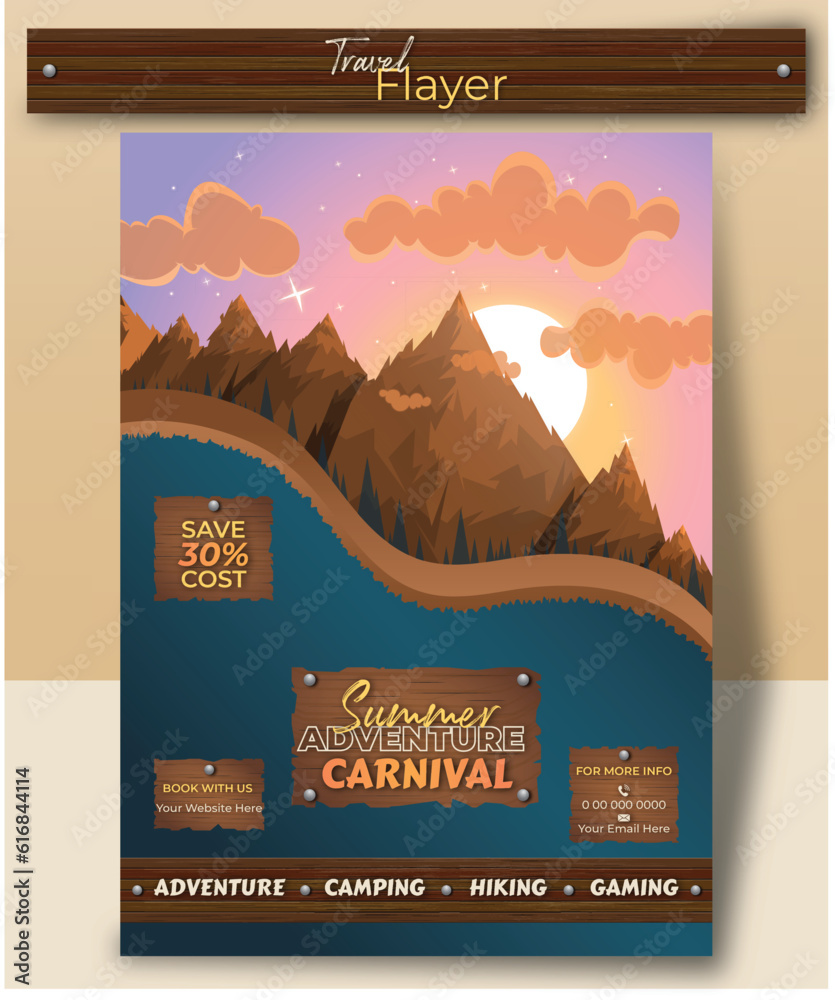 Mountain Travel Flyer Template. Summer Adventure Carnival. vector ...