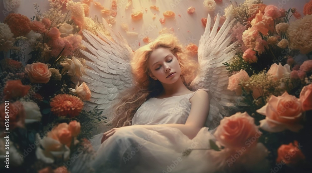 The beautiful angel lady lies down among the flowers with her eyes ...