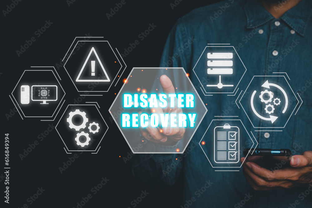Disaster Recovery concept, Person hand touching disaster recovery icon ...