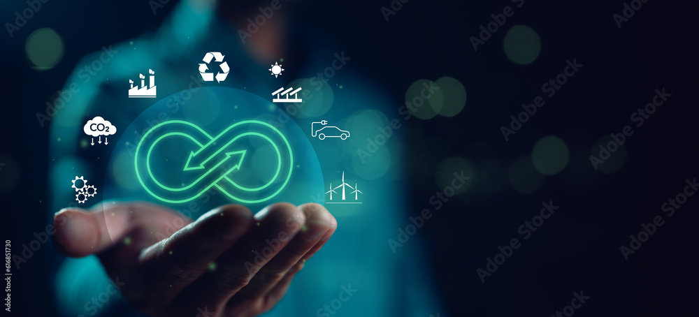 Infinity symbol with Circular business economy environment icons on ...