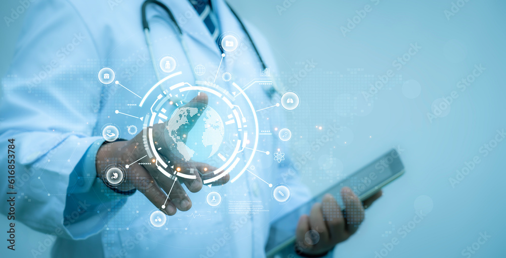Medical Worker Touch Virtual Global Healthcare Network Connection Virus Pandemic Develop People