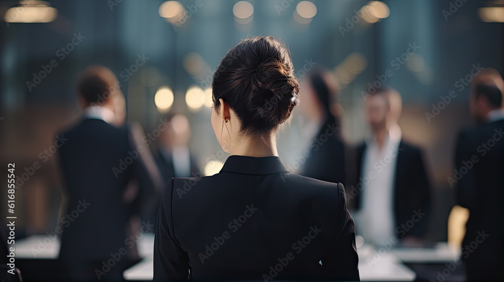 back view of women sitting apart at office table, she's working or ...