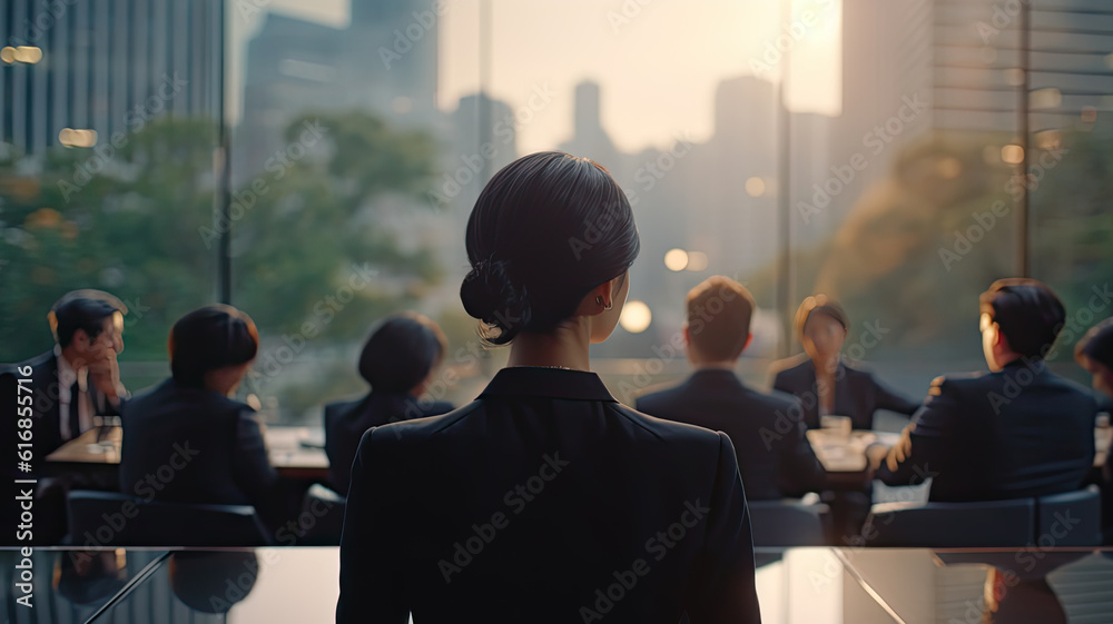 back view of women sitting apart at office table, she's working or ...