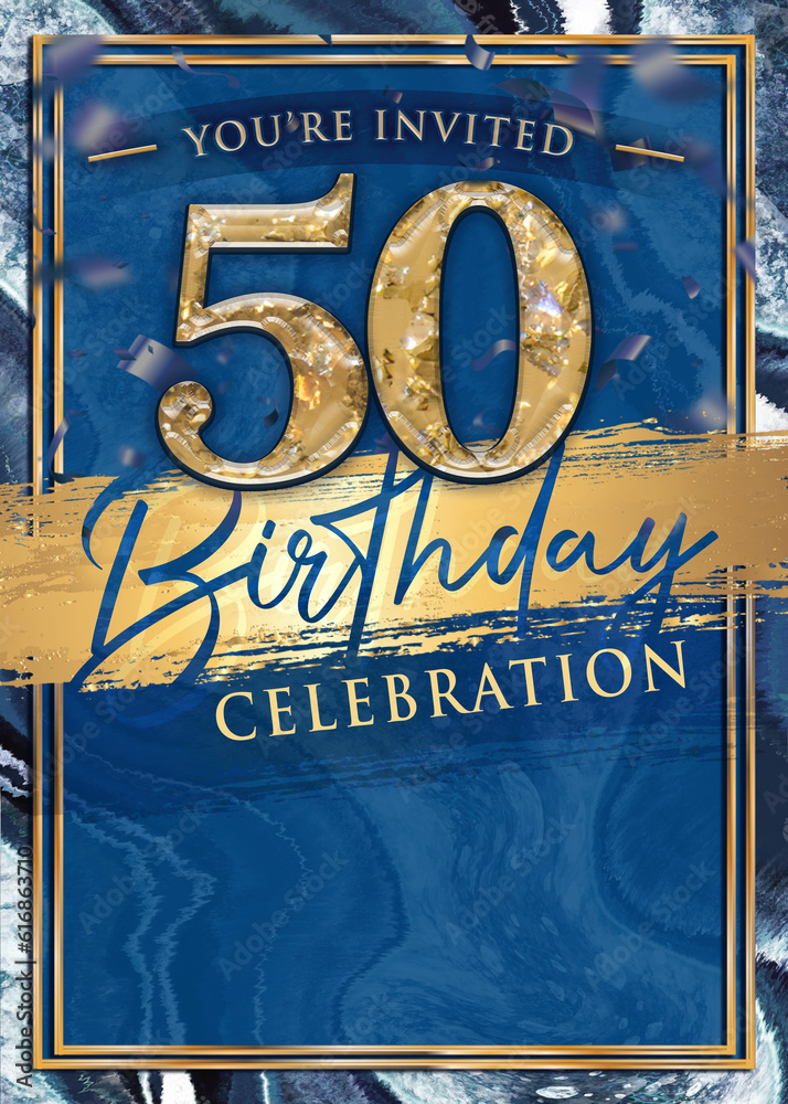 Poster 50th Blue and Gold Birthday Party Invitation Template Design ...
