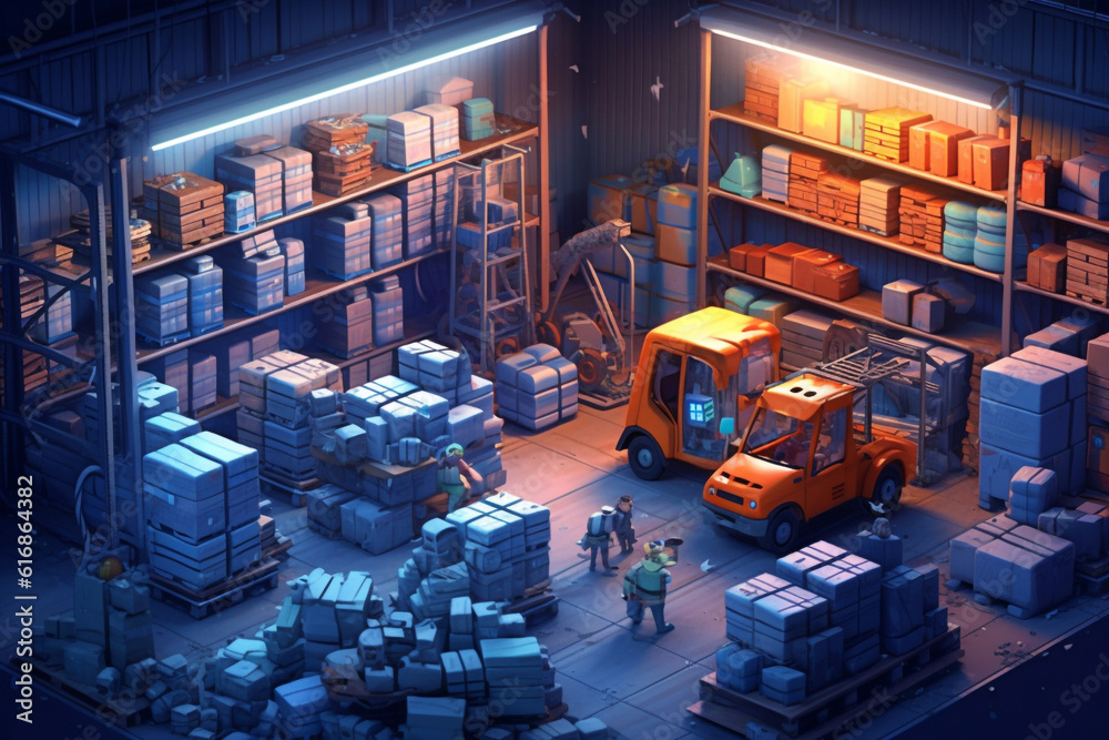 An Isometric 3D model mockup showcases a warehouse, postoffice and ...
