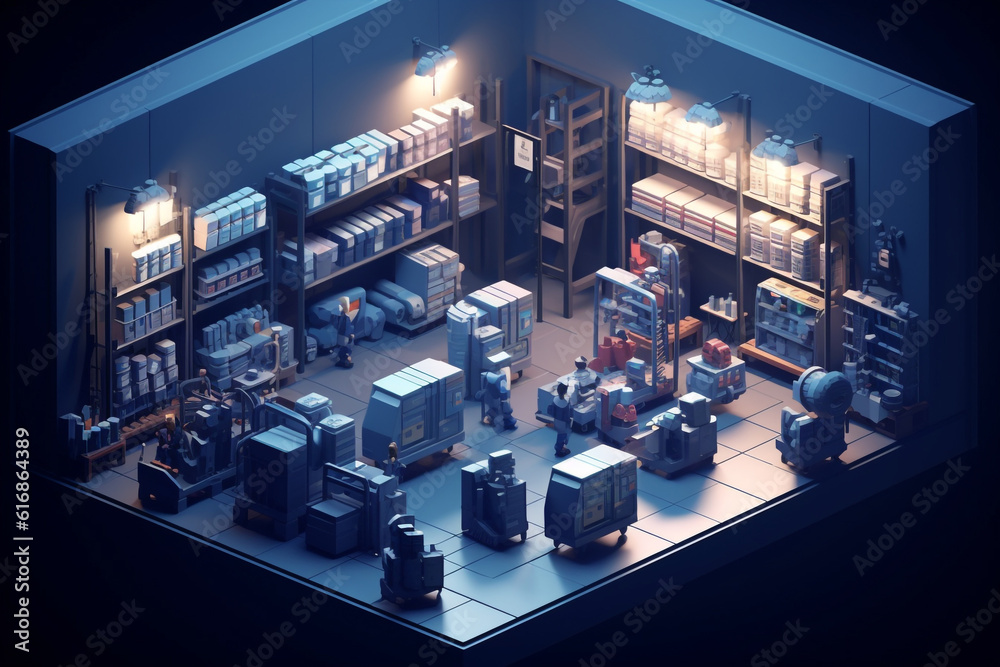 An Isometric 3D model mockup showcases a warehouse, postoffice and ...