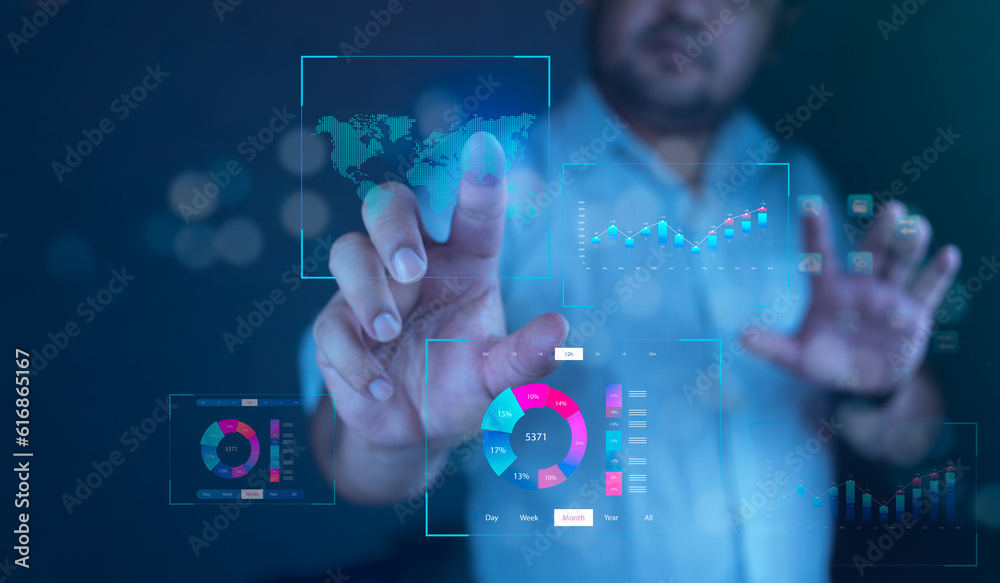 Hand working with business data analytics process management with KPI ...