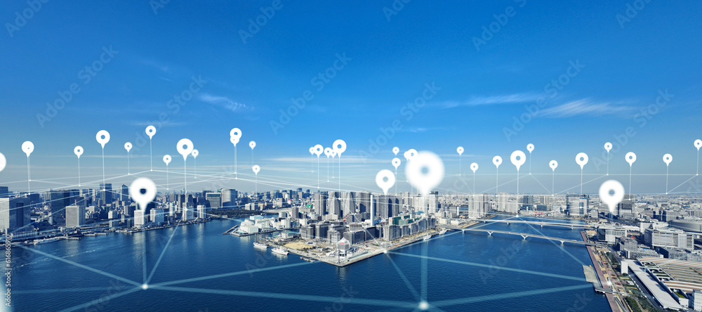 Modern cityscape and location information concept. GPS. Global ...