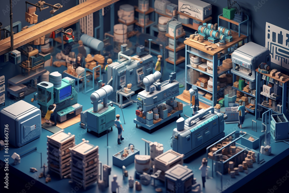 isometric from a high-angle perspective, a 3D model mockup presents an ...