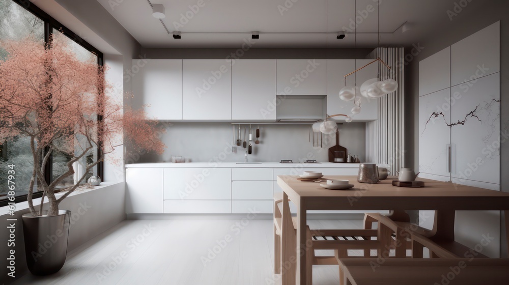 modern kitchen in the style of japanese minimalism, calming and ...