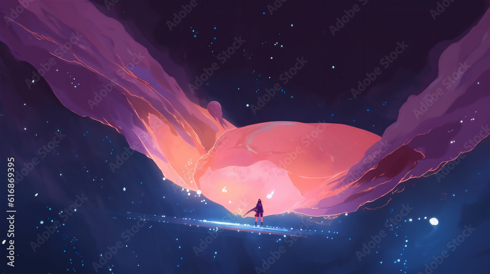 Girl standing under the dreamy fairy tale sky, illustration effect ...