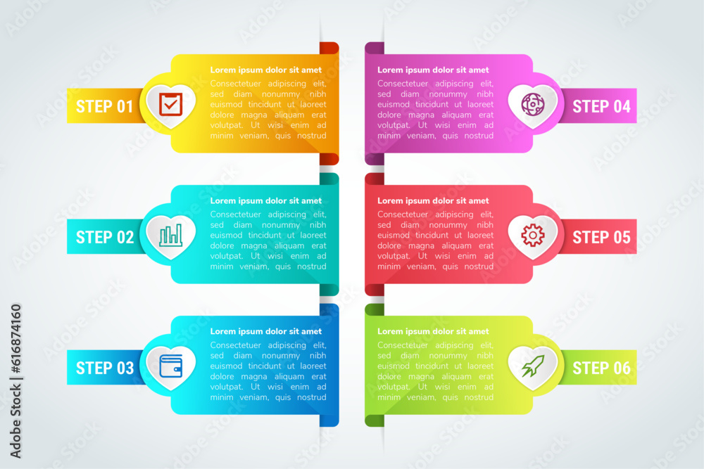 6 Steps of Design Thinking Process in horizontal colorful flow chart ...