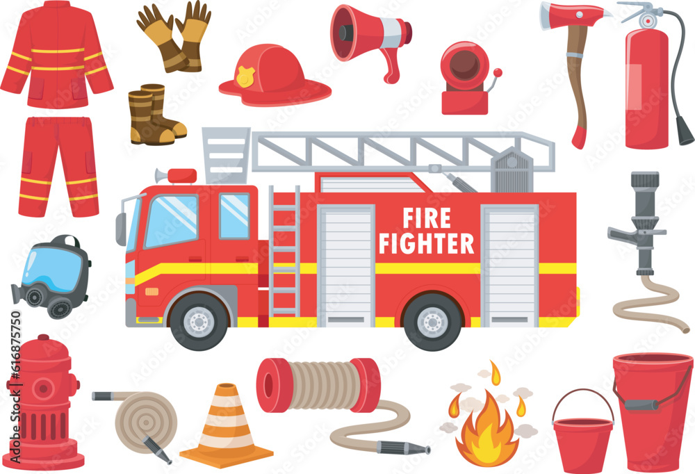 Set of firefighting elements cartoon Stock Vector | Adobe Stock