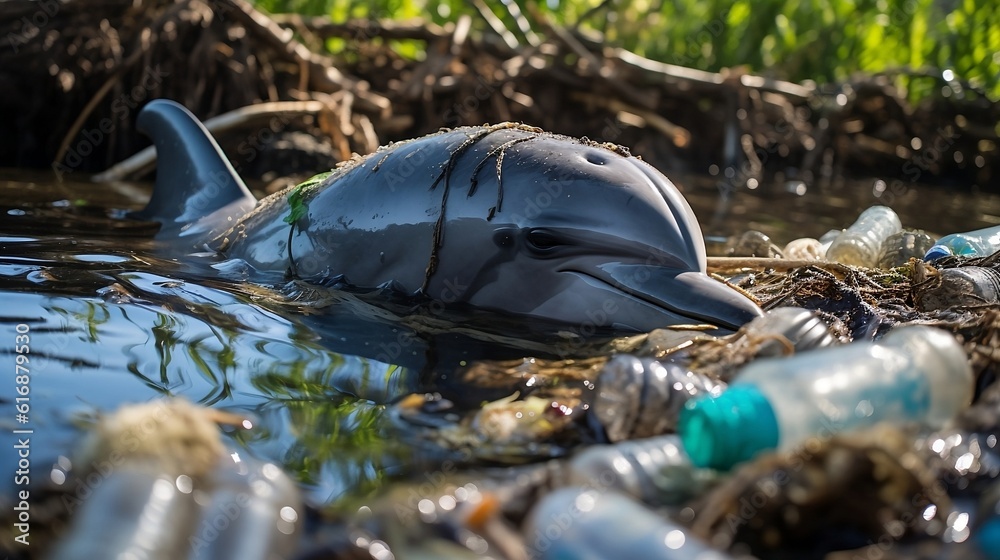 Dolphin amidst ocean contamination, water bottles, raising awareness ...