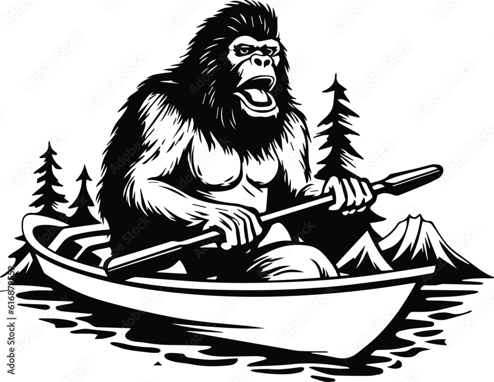 Bigfoot In A Boat Logo Monochrome Design Style Stock Vector | Adobe Stock