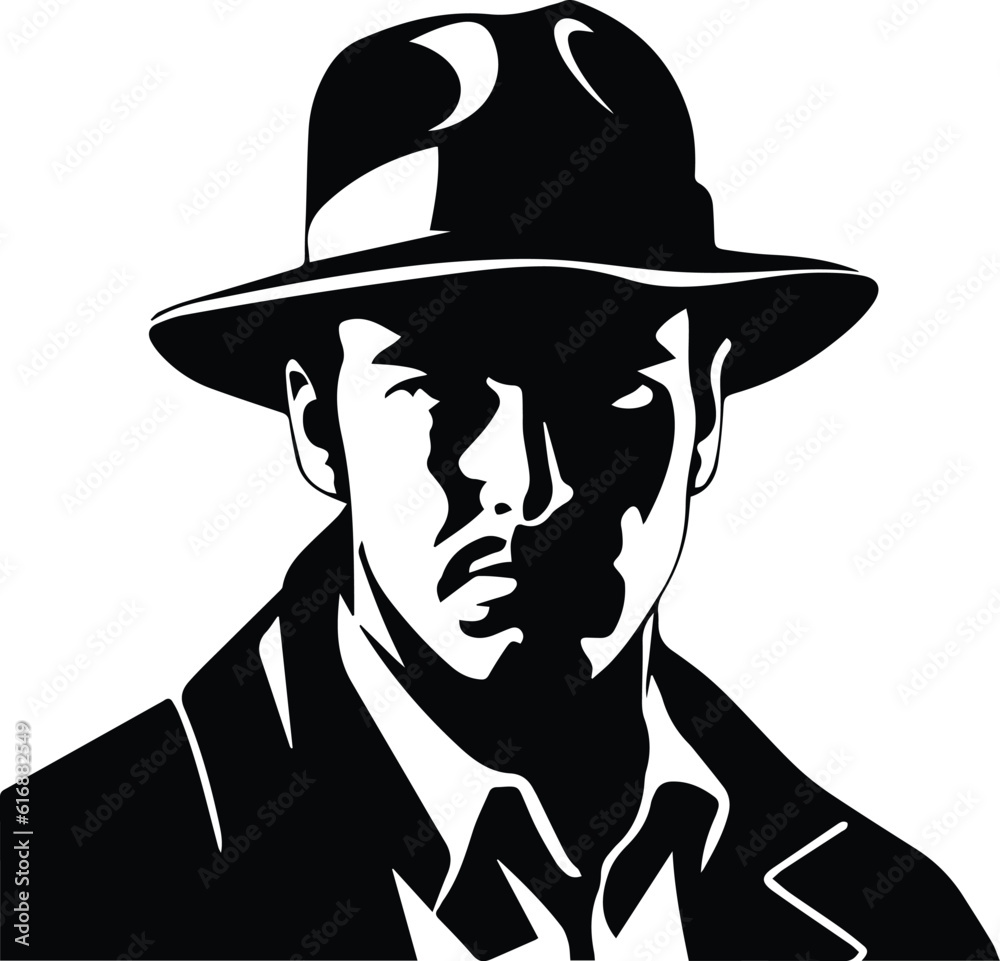 Vintage Mascot Of A Prohibition Era Man In Fedora hat Logo Monochrome ...