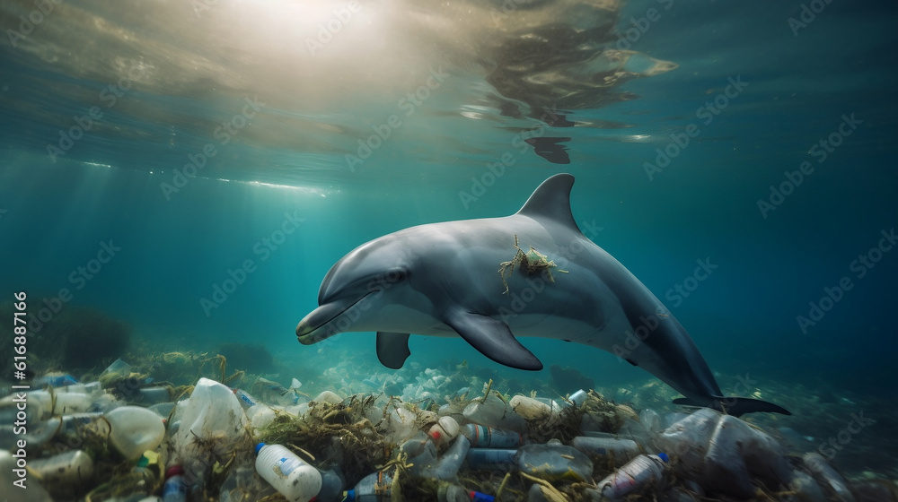 Dolphin amidst ocean contamination, water bottles, raising awareness ...