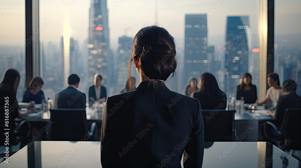 back view of women sitting apart at office table, she's working or ...